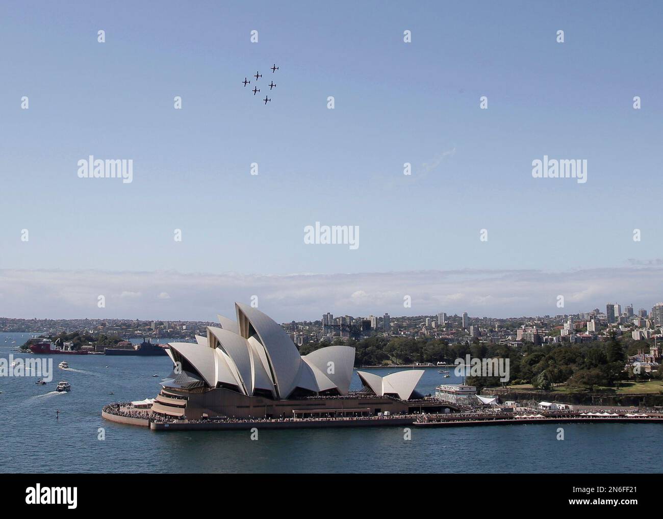 Royal Australian Air Force Roulettes fly over the Opera House in Sydney ...