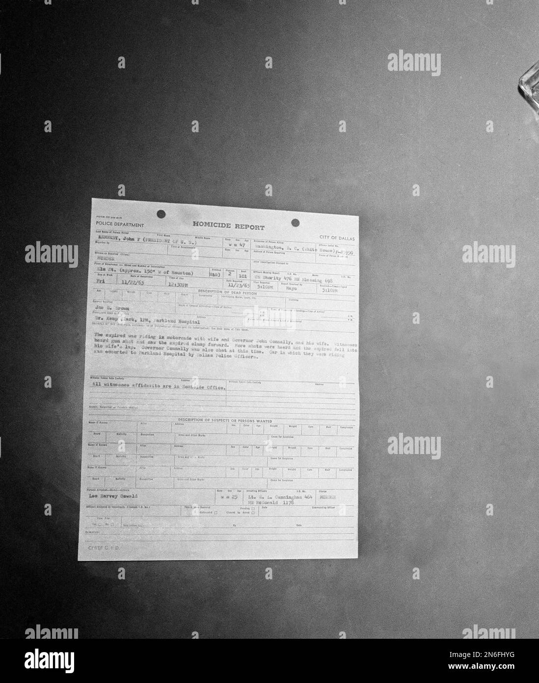 This is a photo of the homicide report for President John F. Kennedy ...