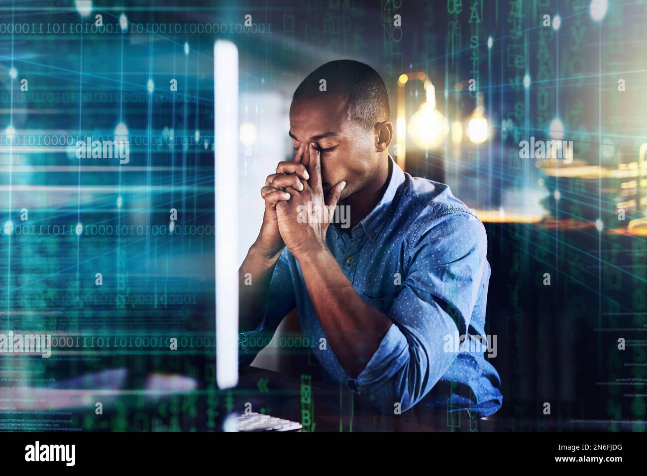 Stress, headache and code overlay of a black man doing computer work for cybersecurity with ...
