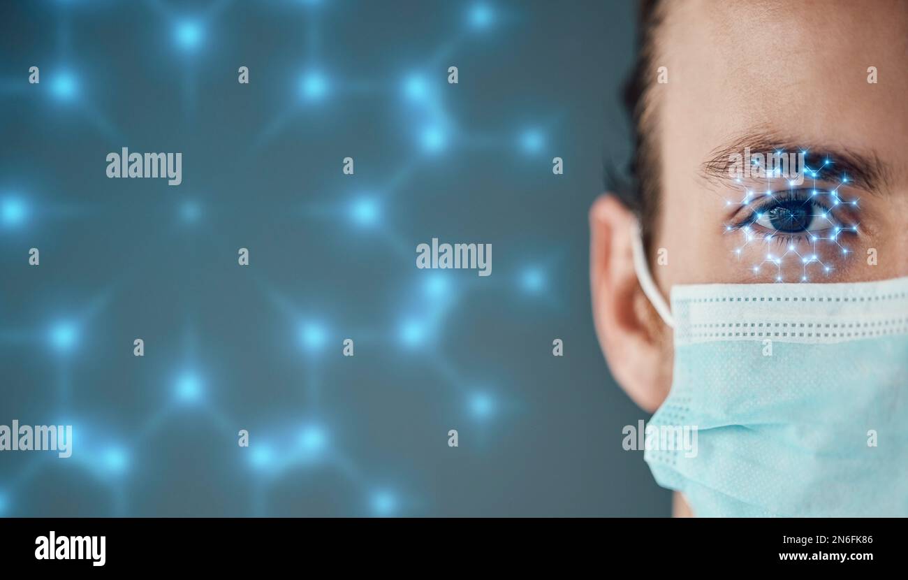 Man, face and eye scanner for biometrics, cyber security or optic ...