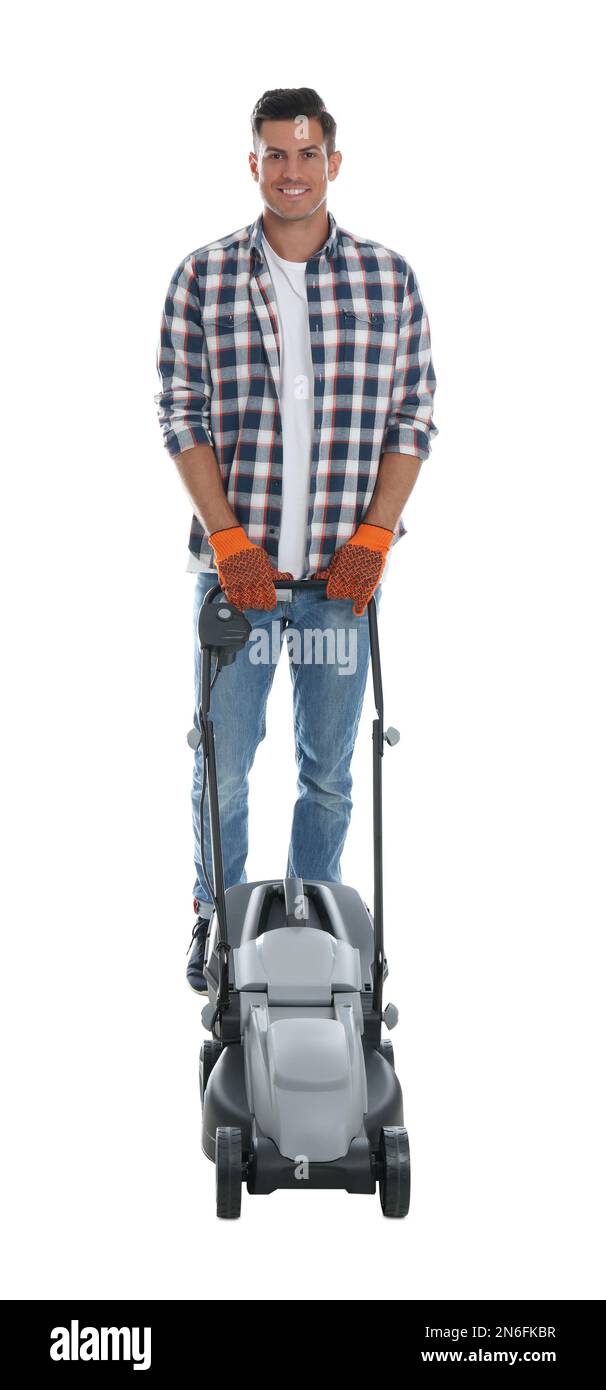 Man with modern lawn mower on white background Stock Photo - Alamy