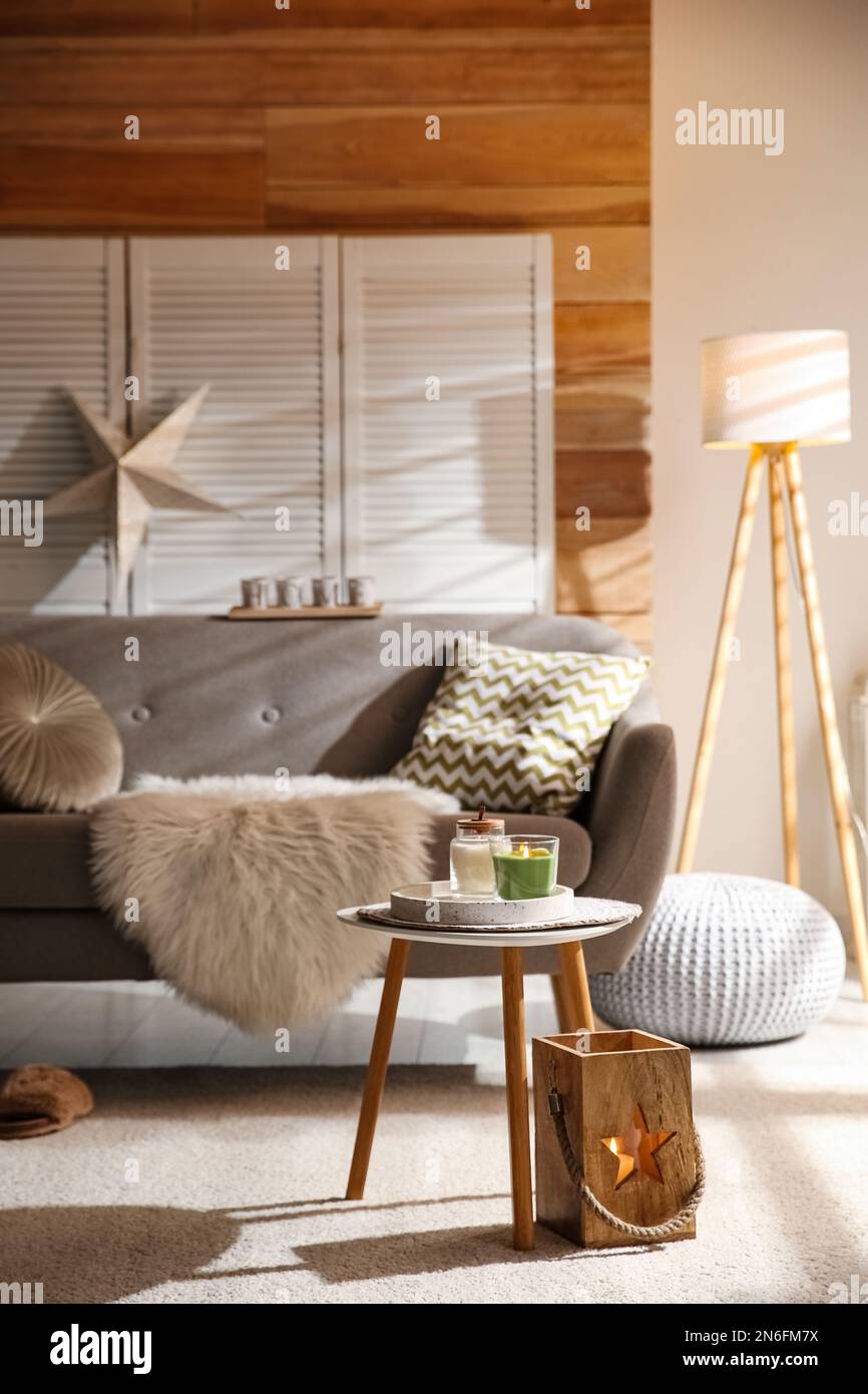 Spacious living room with comfortable sofa. Interior design Stock Photo ...