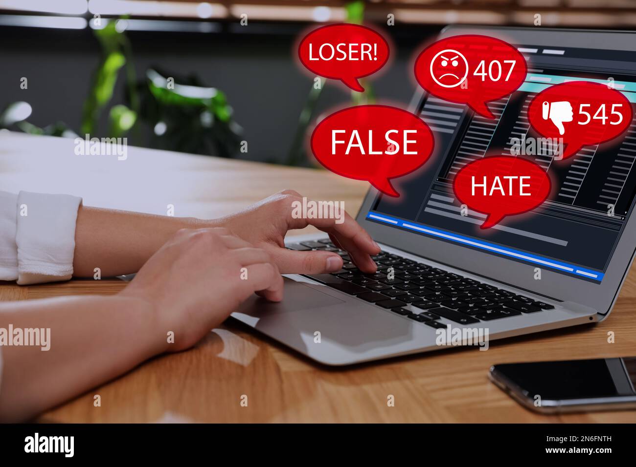 Woman using laptop and icons with offensive messages, closeup. Cyber ...
