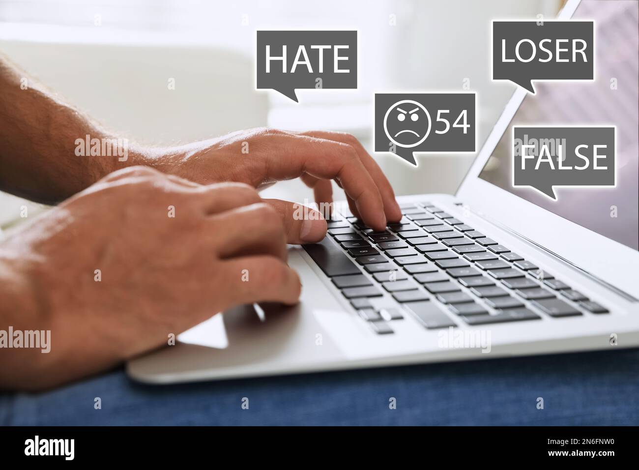 Man using laptop and icons with offensive messages, closeup. Cyber ...