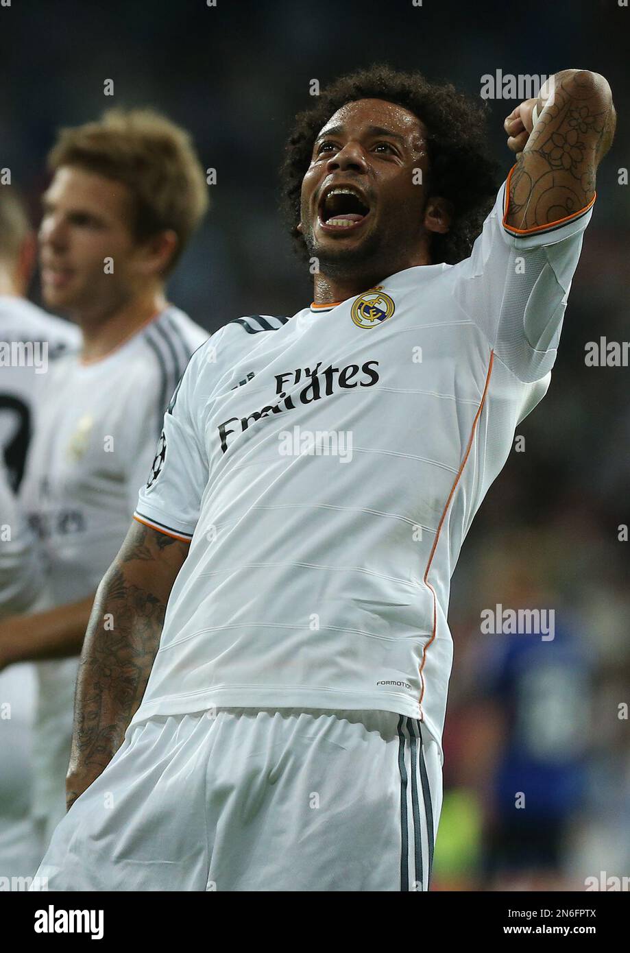 Real Madrid's Marcelo celebrates during the Champions League group B ...
