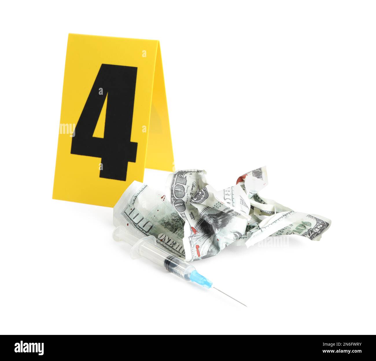 Bloody crumpled dollar, syringe and crime scene marker with number four ...