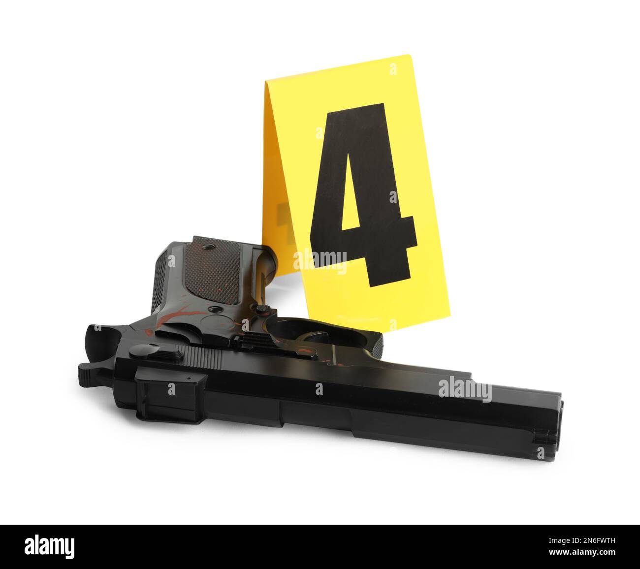 Gun and crime scene marker with number four isolated on white Stock ...