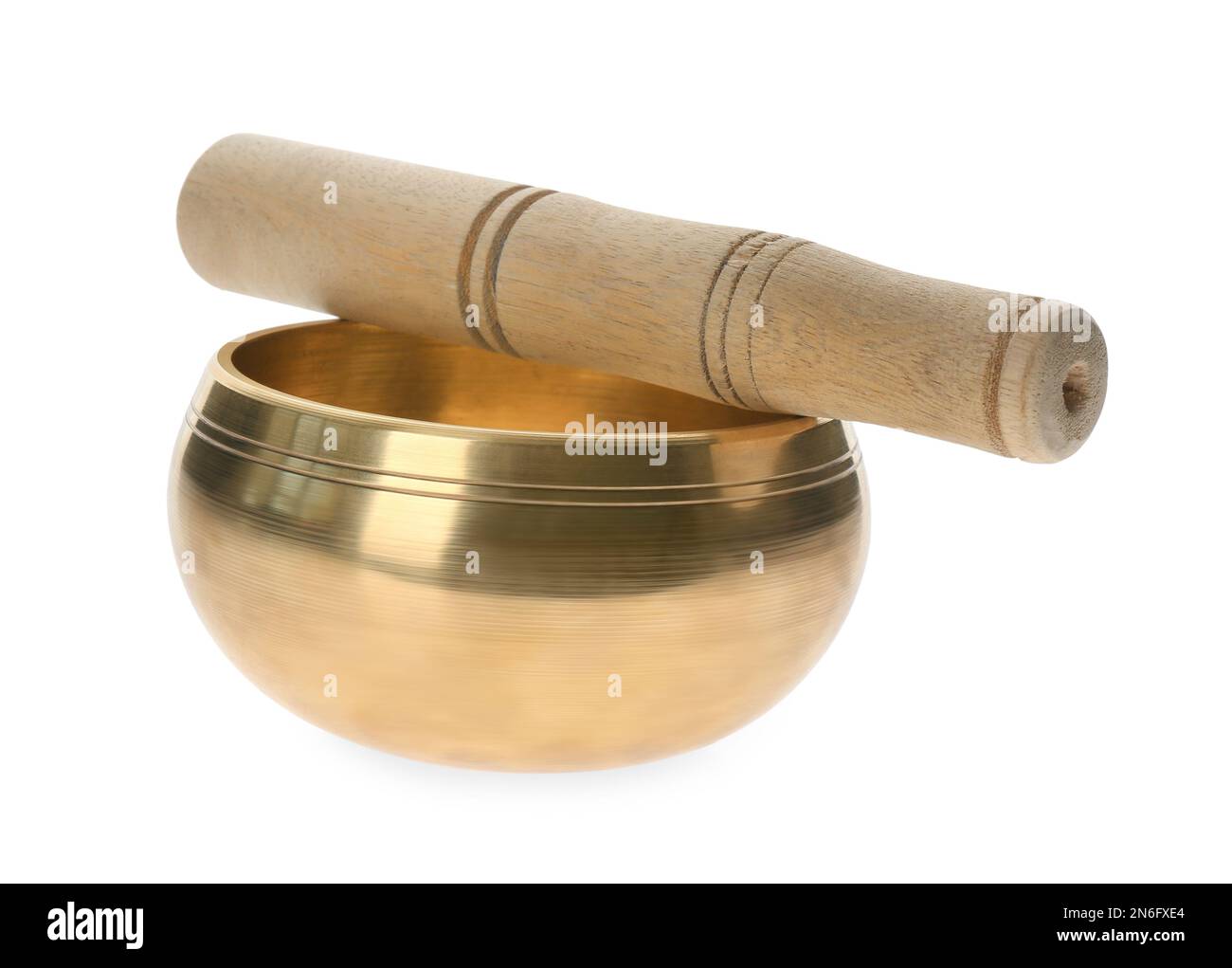 Golden singing bowl and mallet on white background. Sound healing Stock ...