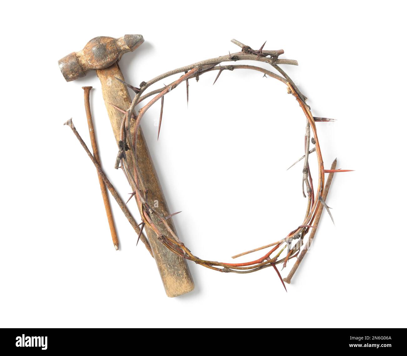 Crown of thorns, nails and hammer on white background, top view. Easter ...