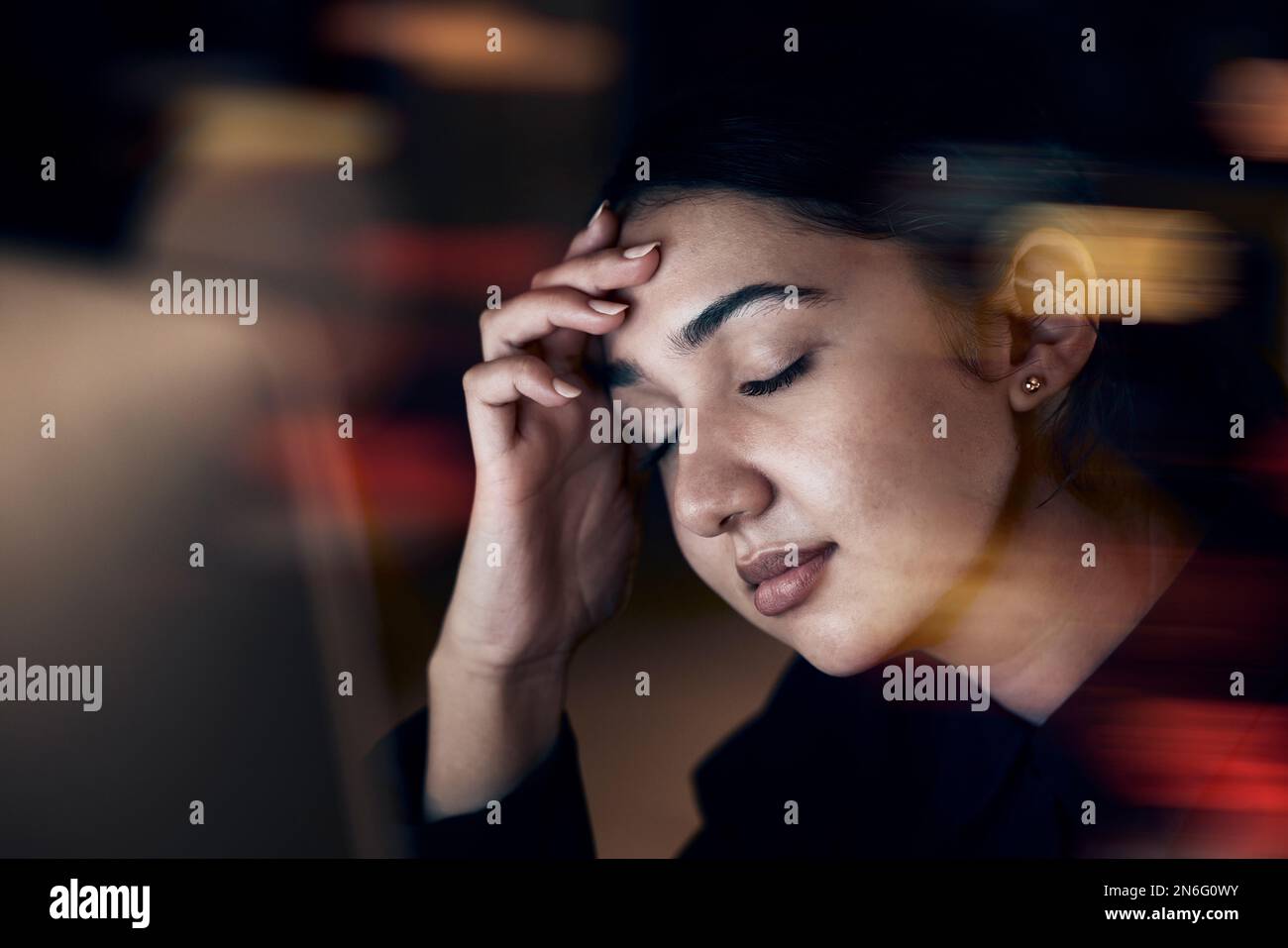 Burnout, stress and business woman at night working on computer for ...