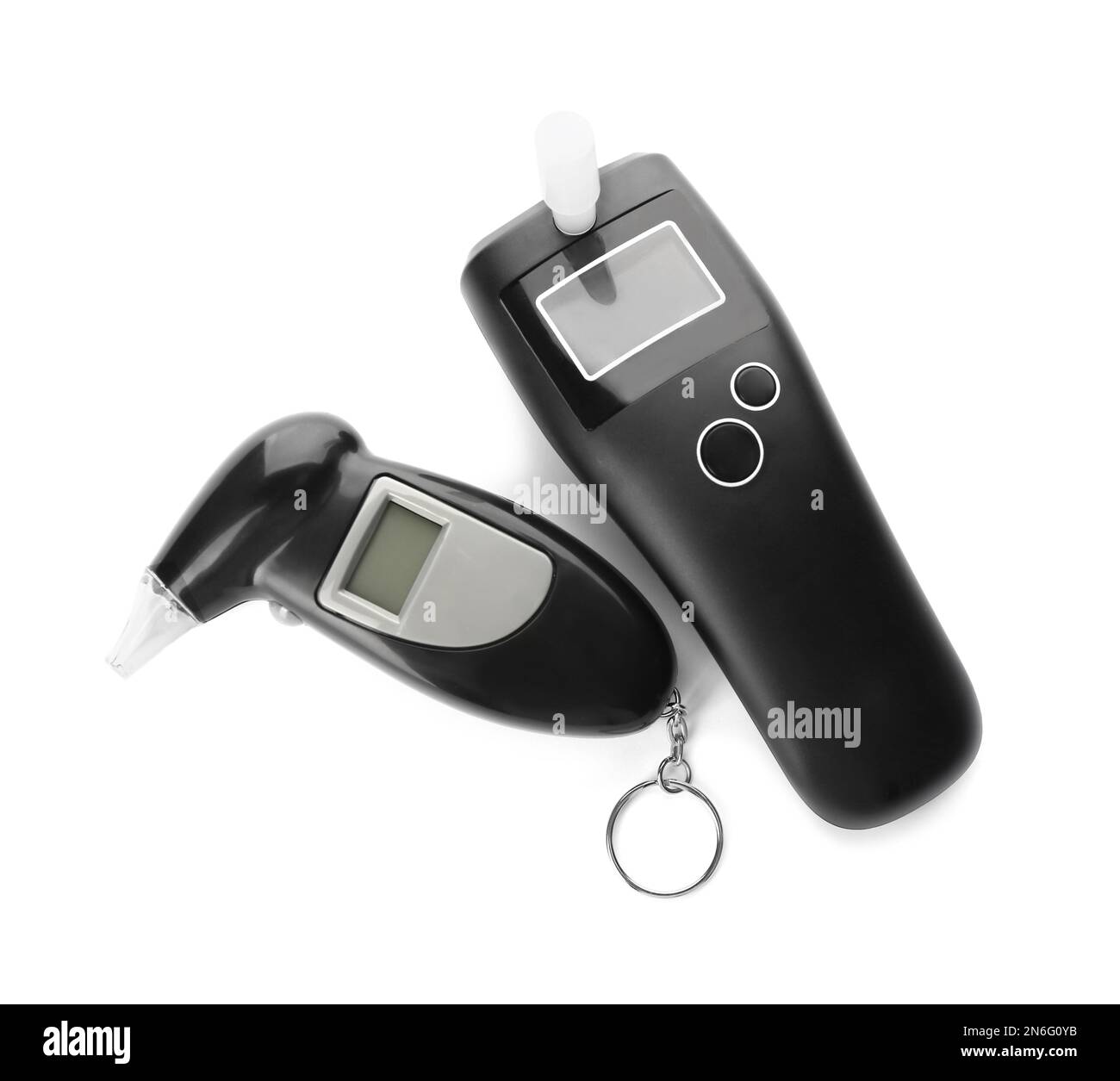 Different modern breathalyzers on white background, top view Stock ...