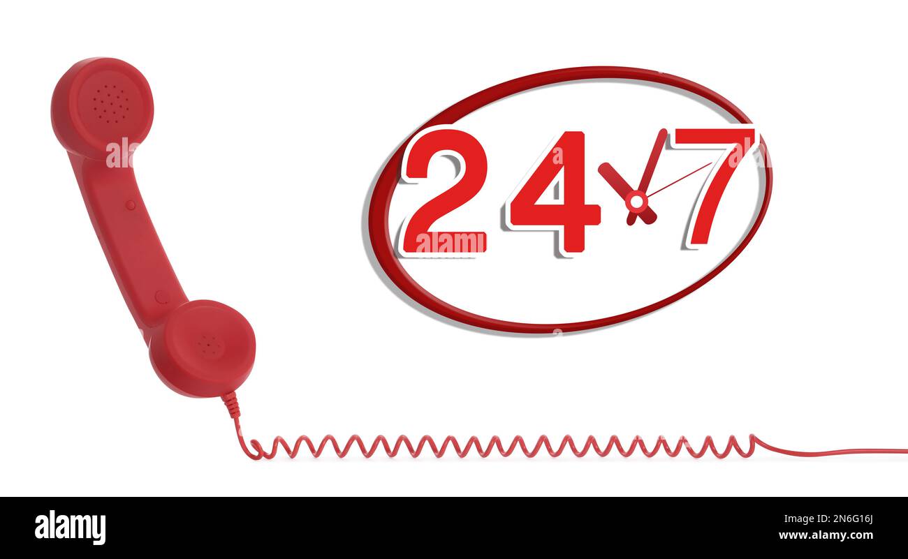 24/7 hotline service. Red handset on white background, banner design ...