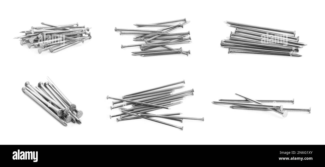 Set with sharp metal nails on white background, banner design Stock ...