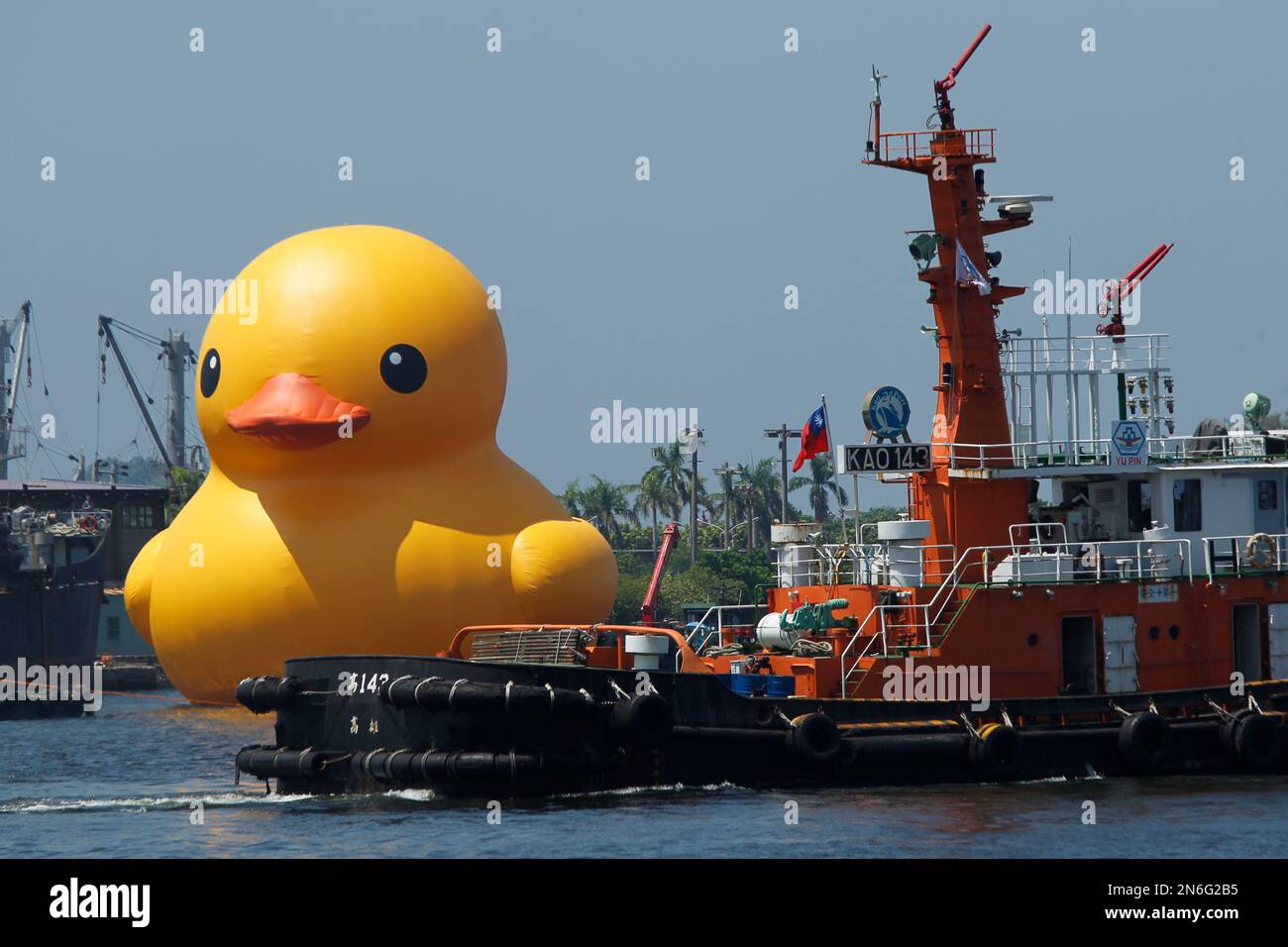A giant rubber duck arrives in the port of Kaohsiung, Taiwan, Thursday ...