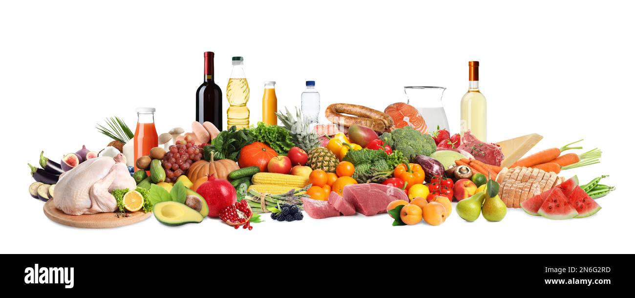 Assortment of fresh organic products on white background. Balanced food ...