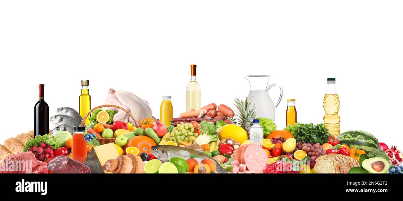 Assortment of fresh organic products on white background. Balanced food ...