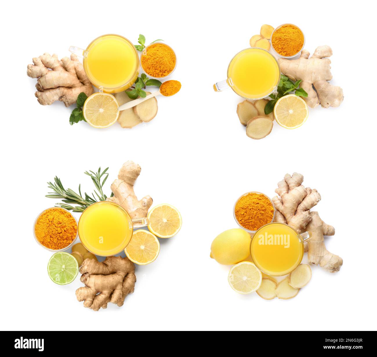 Set of immunity boosting drink with lemon, ginger and turmeric on white ...
