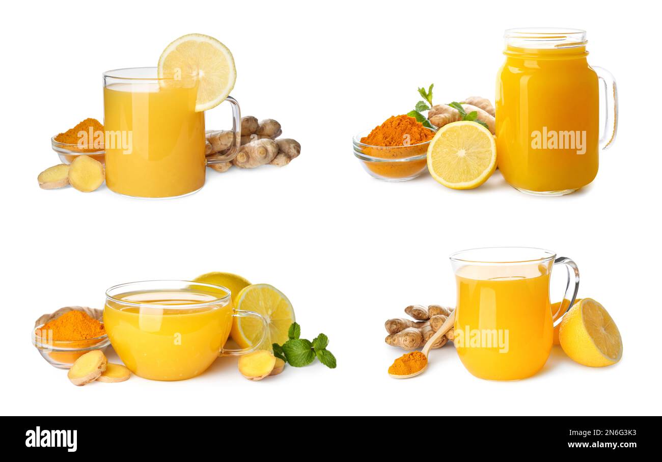 Set of immunity boosting drink with lemon, ginger and turmeric on white ...
