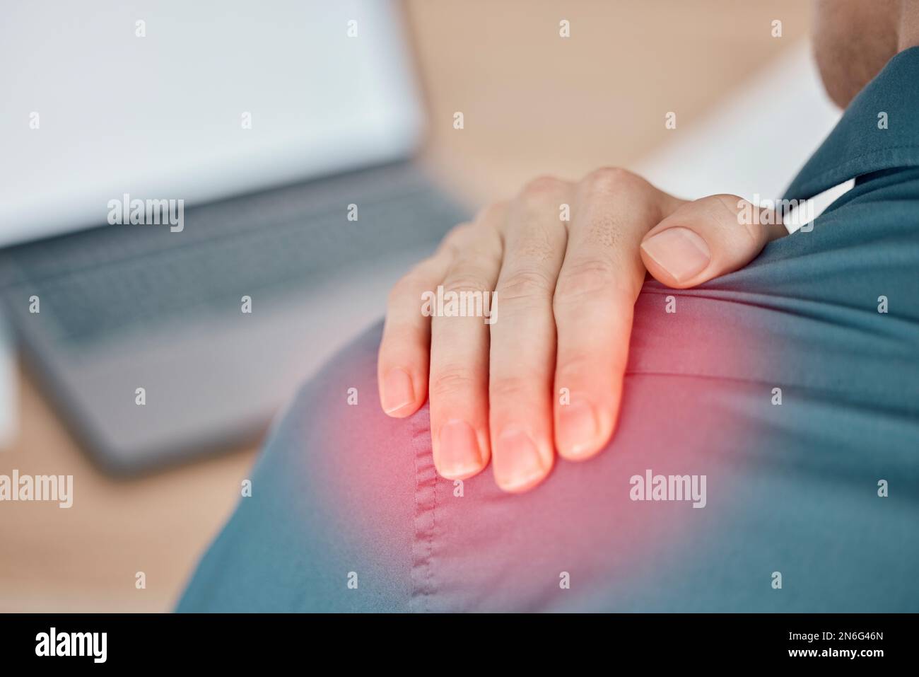 Hand, shoulder pain and closeup with a business man holding his joint ...