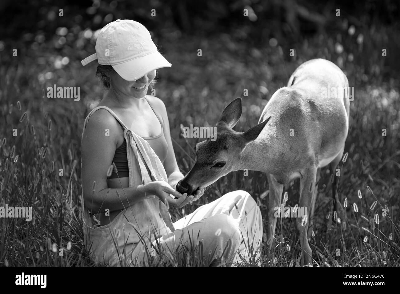Unity with nature. Girl feed bambi deer. Wild animals concept. Woman ...
