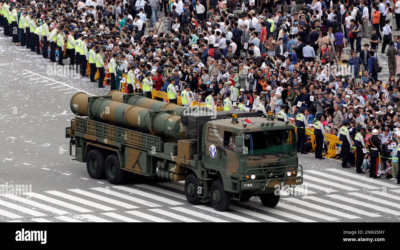 South Korea's domestically built Hyunmu-3 cruise missiles are displayed ...