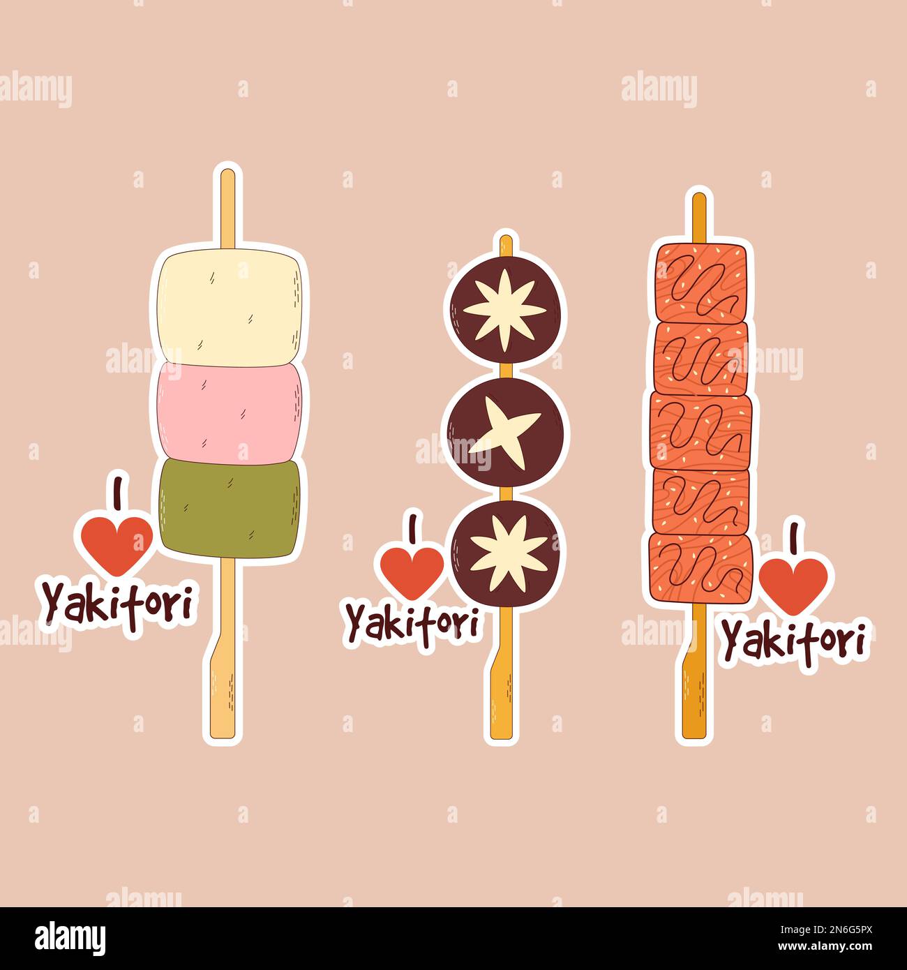 Traditional Japanese food stickers. Asian yakitori skewers with ...
