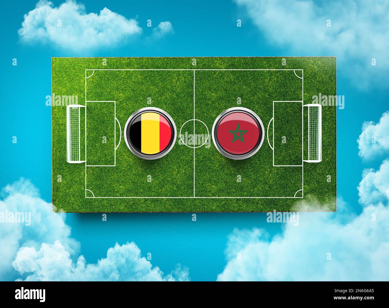 A 3D rendering of Belgium vs Morocco Versus screen banner Soccer field ...