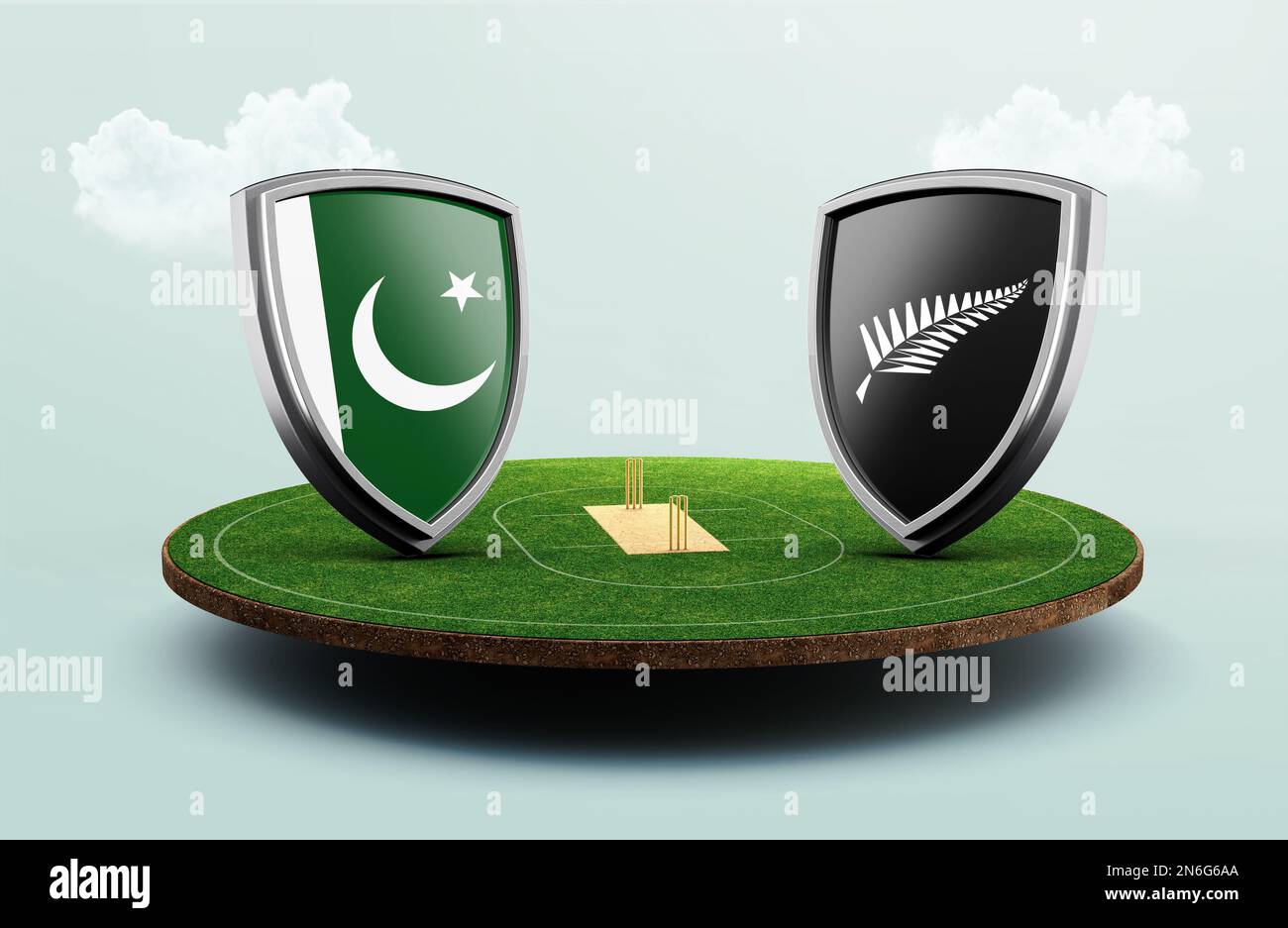 A 3D rendering of Pakistan vs New Zealand cricket flags with shield on ...