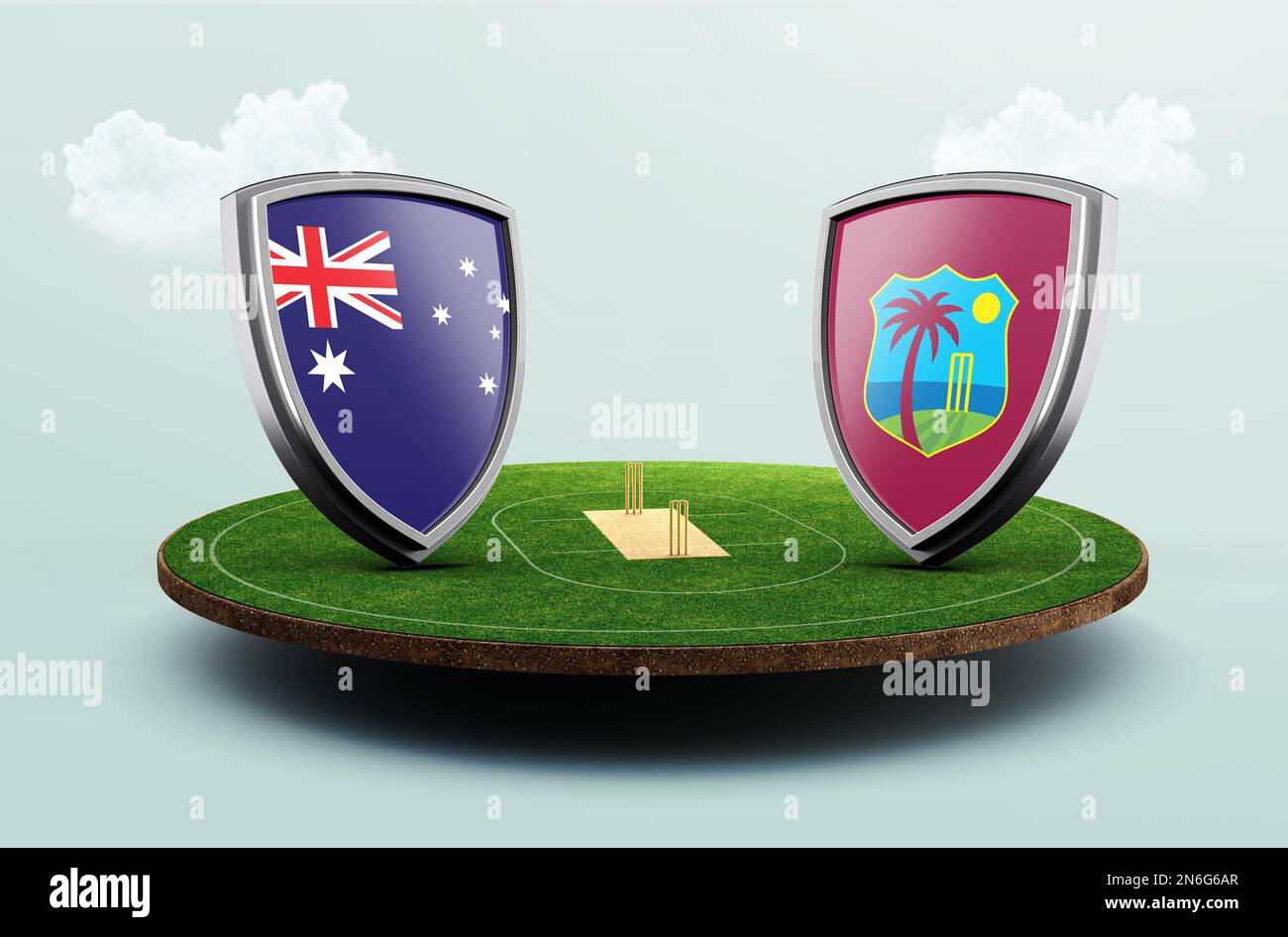A 3D rendering of Australia vs West Indies cricket flags with shield on ...