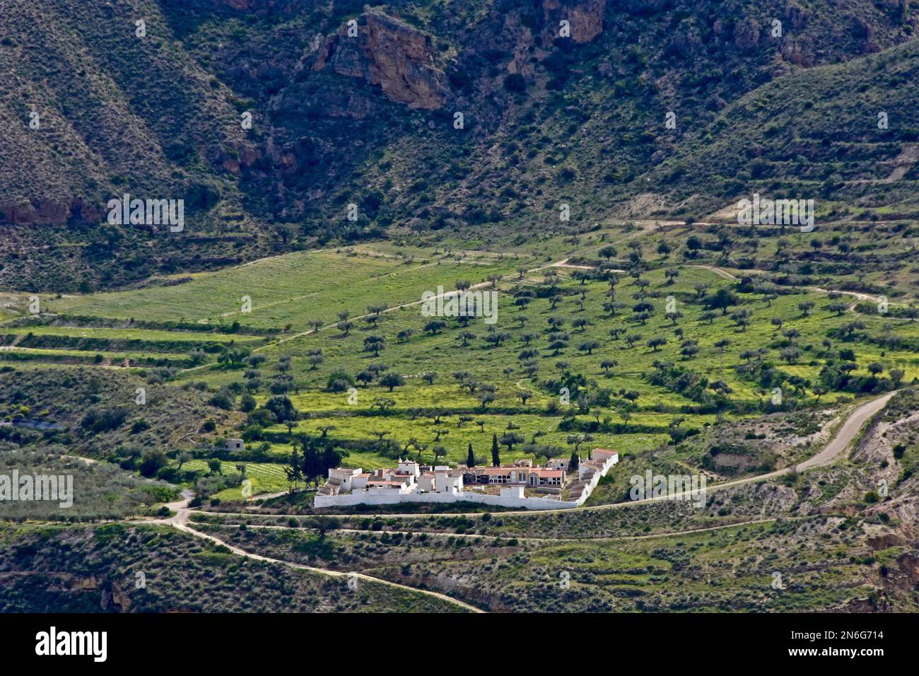 Spanish cemetery in the countryside near Herrerias, urn graves, white ...