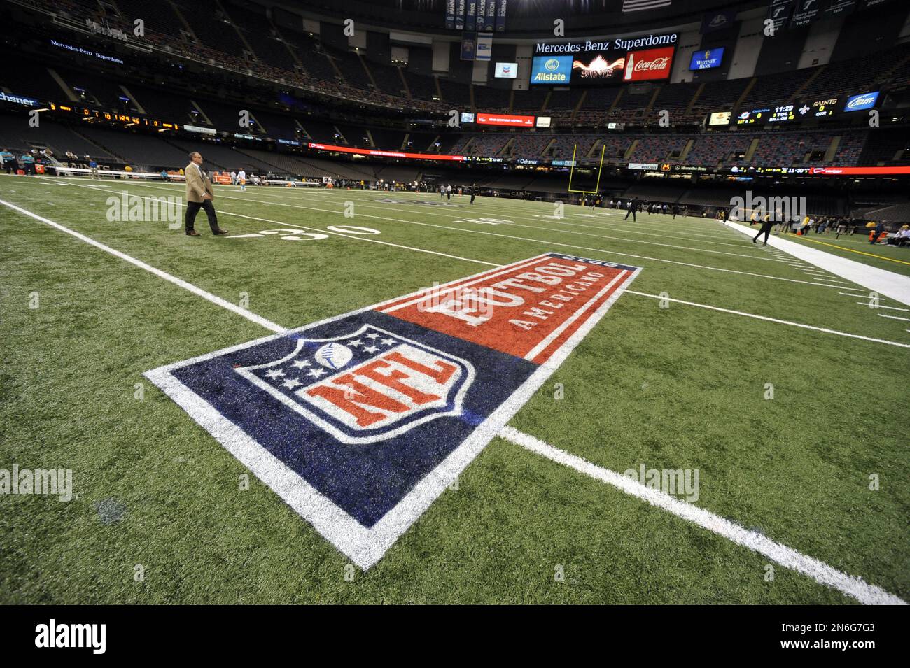 NFL Hispanic Heritage Month logos are seen on the field before an NFL ...