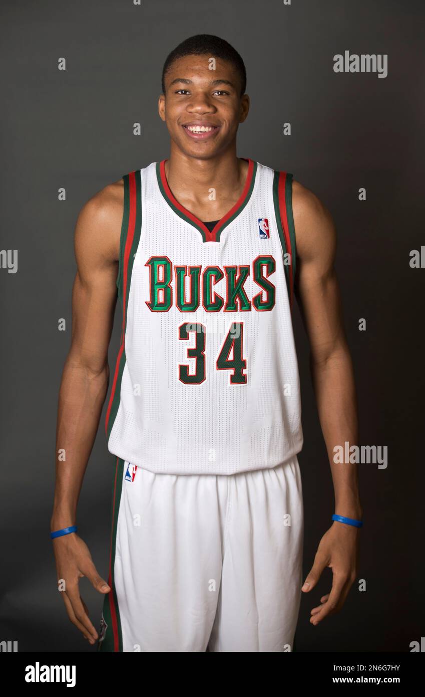 Milwaukee Bucks' Giannis Antetokounmpo poses for a picture during the ...