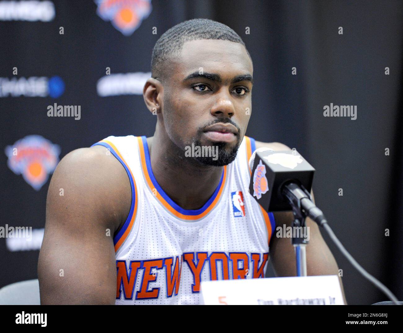 New York Knicks' Tim Hardaway, Jr. talks to the media at the NBA teams media day Monday, Sept ...