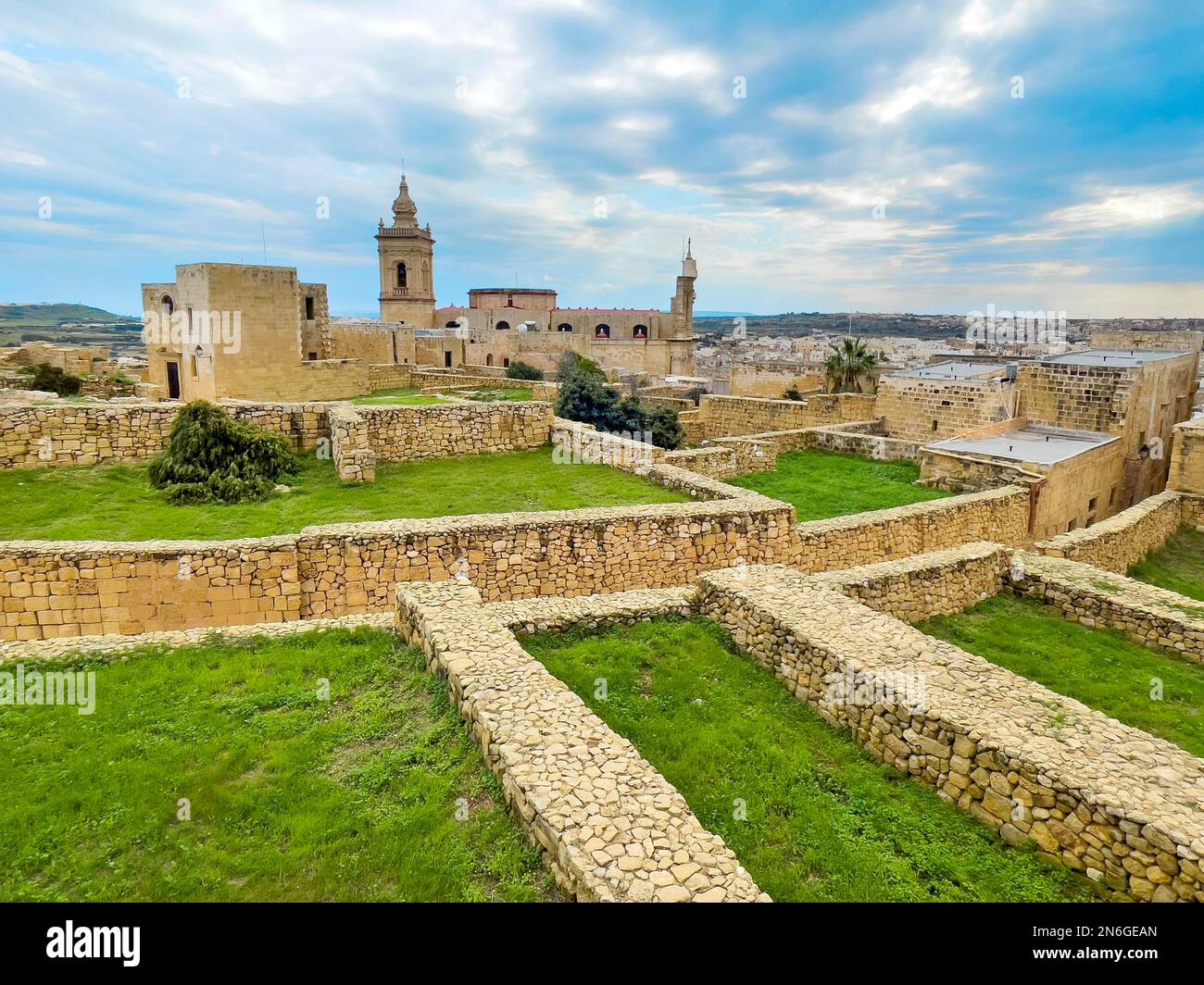 View of historic foundations of medieval buildings in Gozo Citadel, in ...