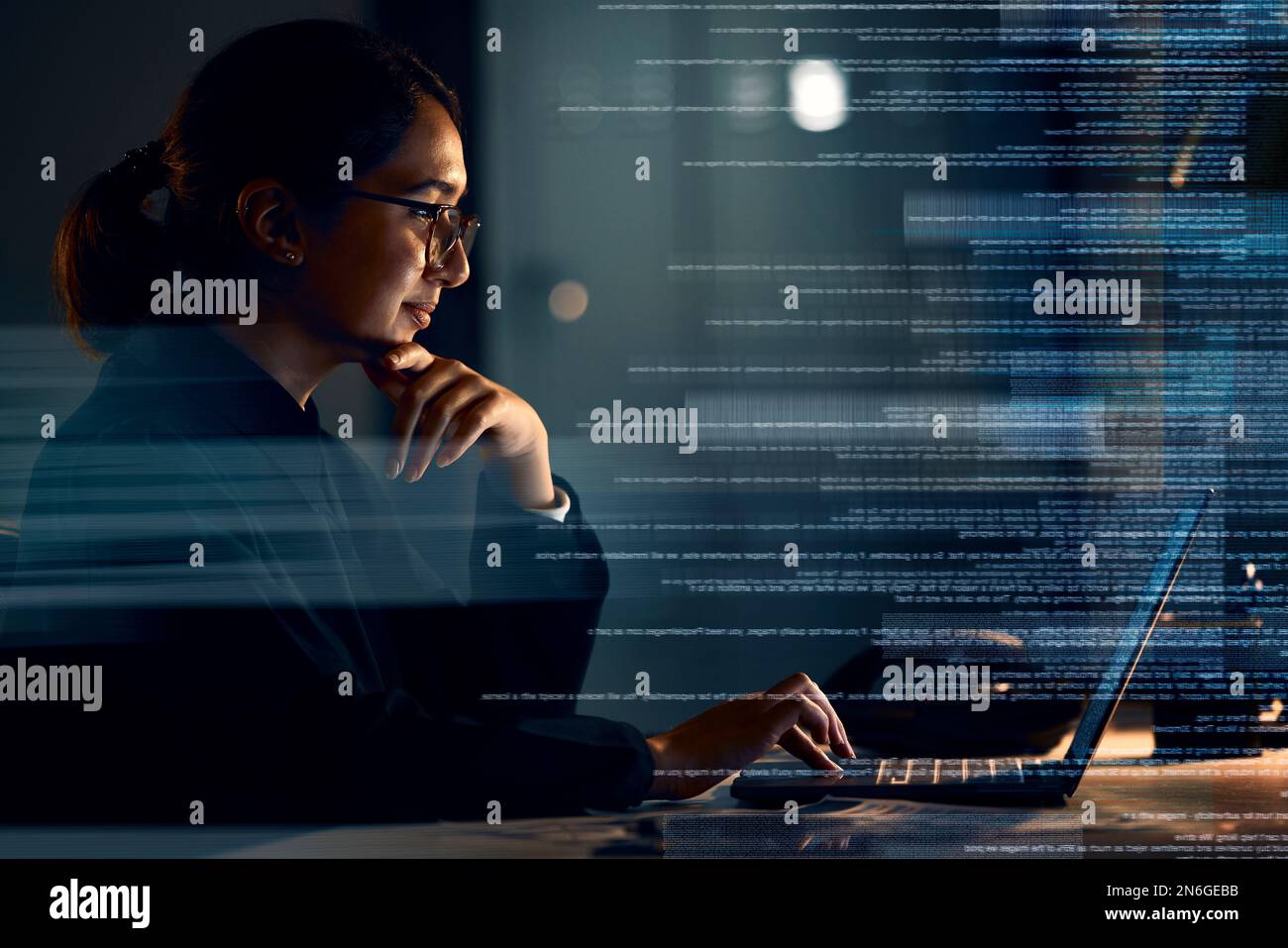 Programming Coding And Thinking With Woman At Laptop With Hologram Overlay For Software Idea