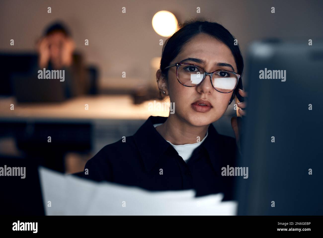 Computer, night research or programmer woman for cybersecurity, app coding or data analysis in ...