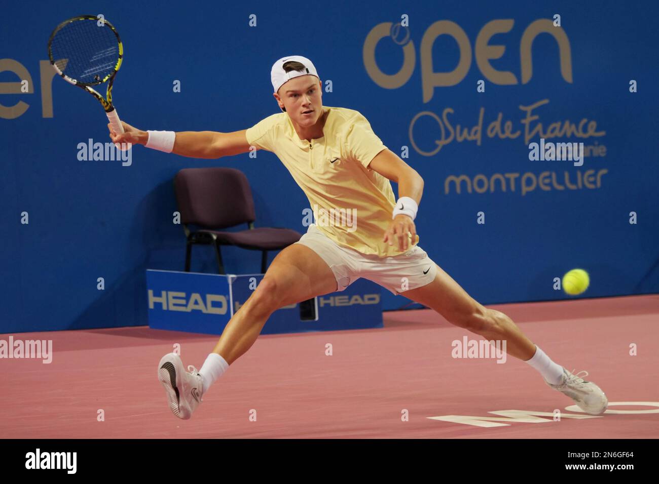 Montpellier, France - 09/02/2023, Holger Rune (DEN) in action against Marc-Andrea Huesler (SUI ...