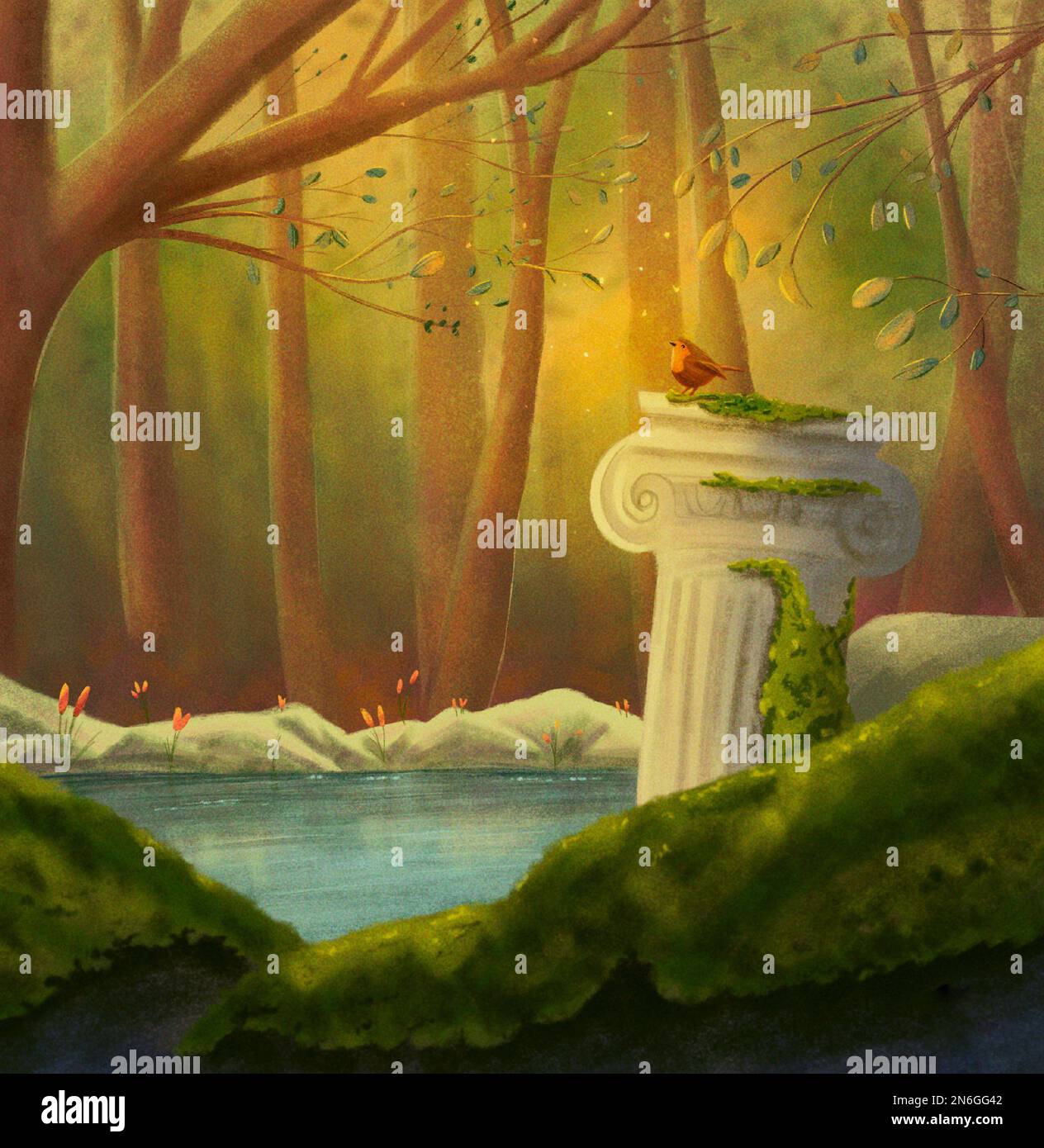 Landscape with a greek column and a bird by a pond Stock Photo - Alamy