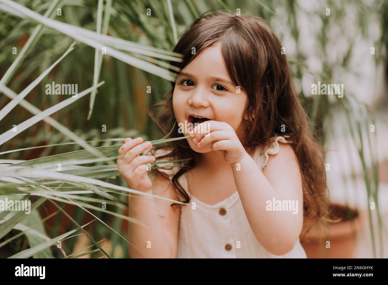 a little girl walks in the botanical garden. happy baby and palm trees ...