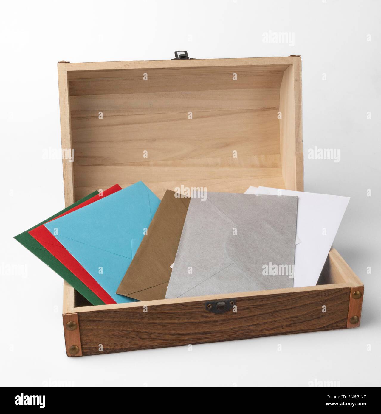 Opened wooden box, coloured envelopes, white background Stock Photo - Alamy