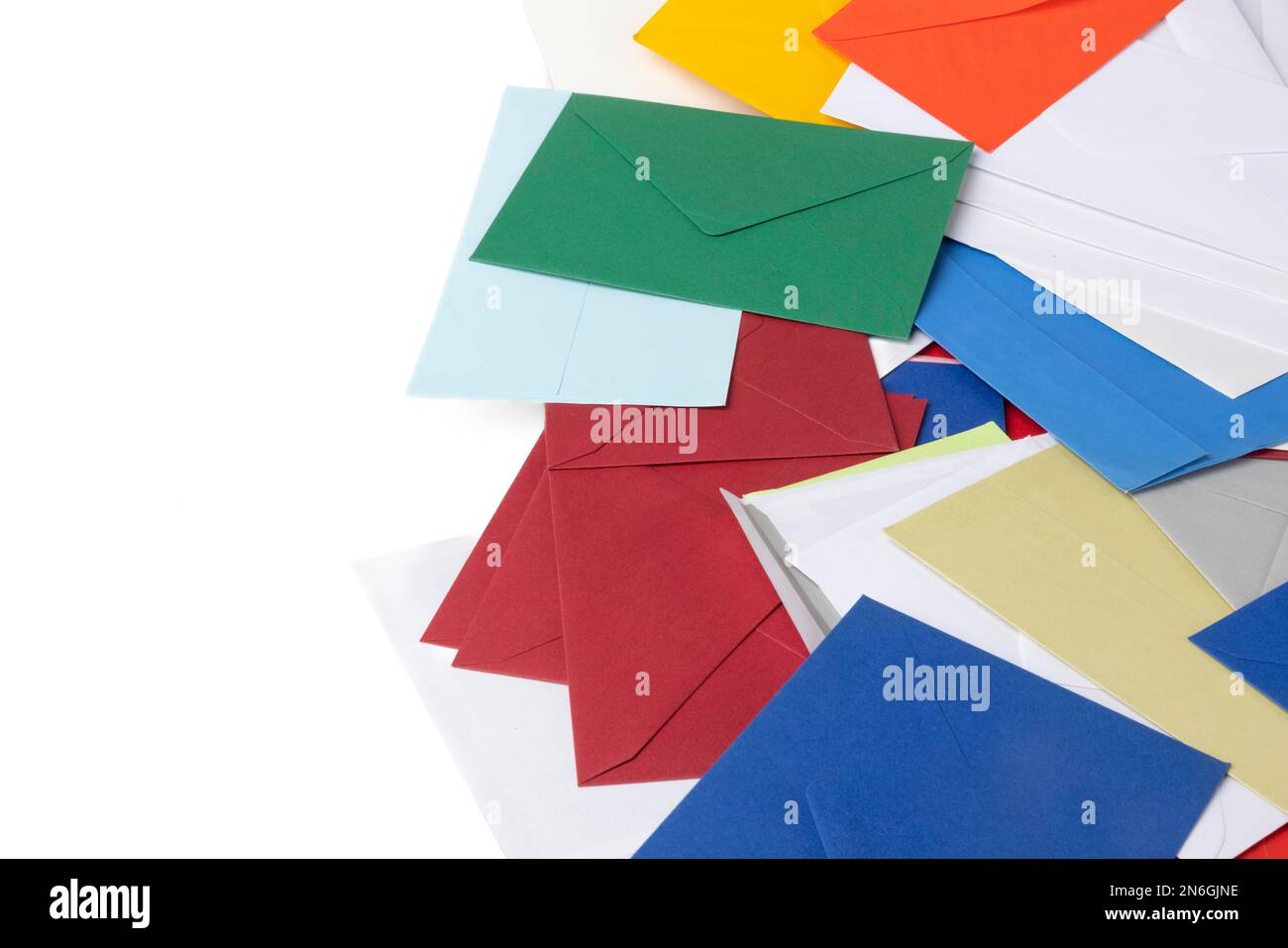 Many different coloured envelopes, free space on the side, white ...
