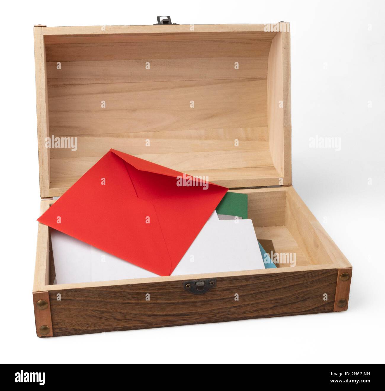 Opened wooden box, coloured envelopes, white background Stock Photo - Alamy