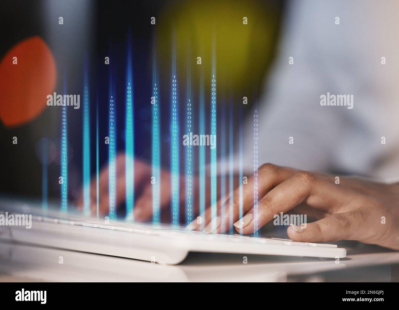 Hands, computer keyboard and business woman overlay while typing at ...