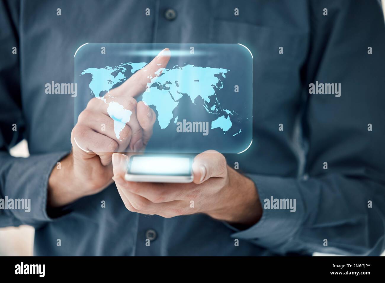 Hands, phone and digital hologram for global communication, networking ...