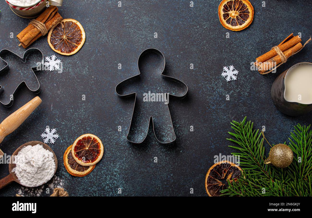 Christmas and New Year baking composition with kitchen tools, flour ...