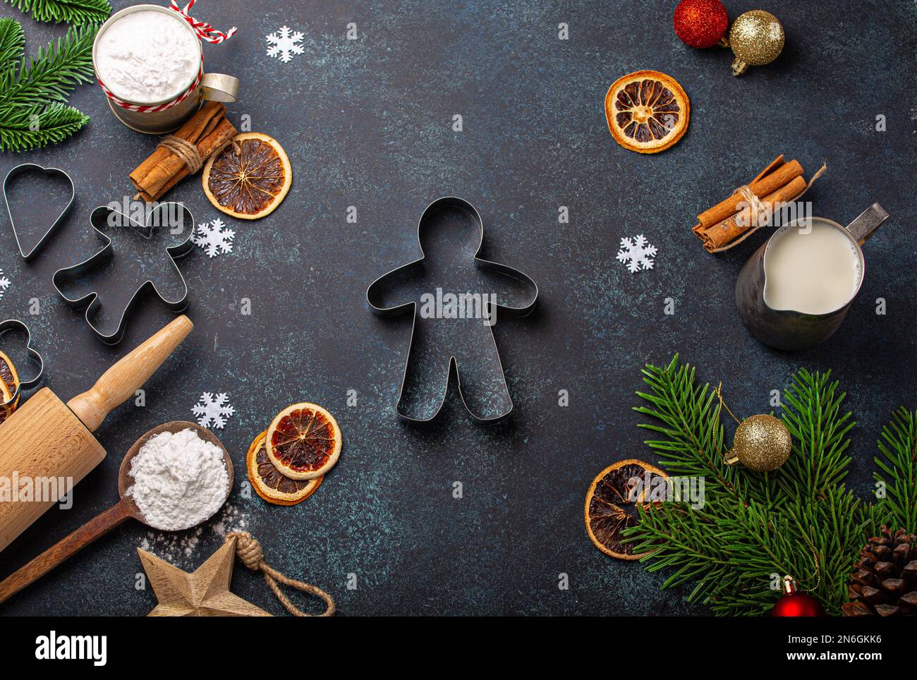 Christmas and New Year baking composition with kitchen tools, flour ...