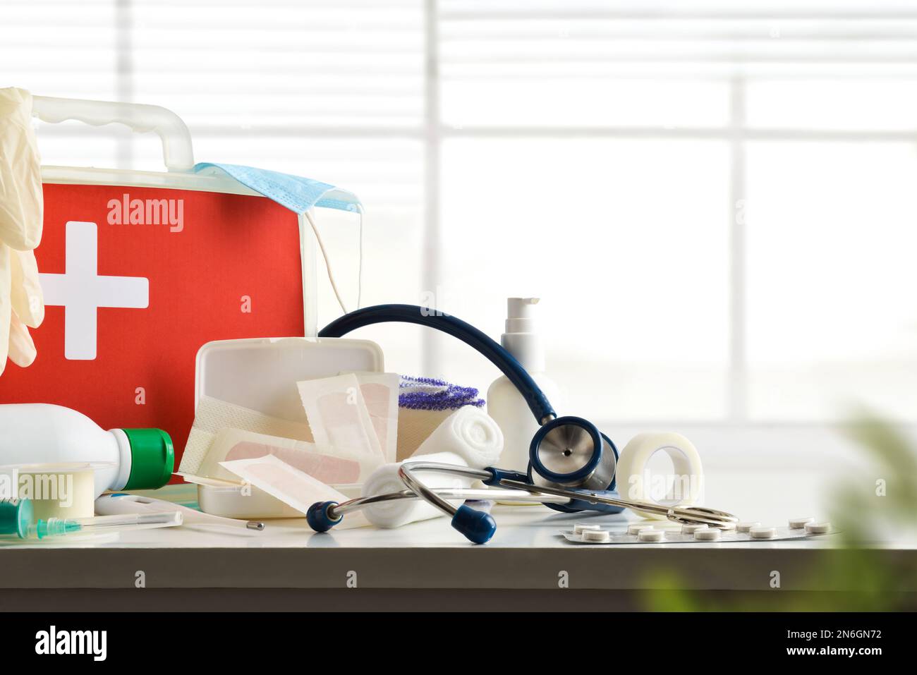 Basic cures service of medical center on table and background window ...