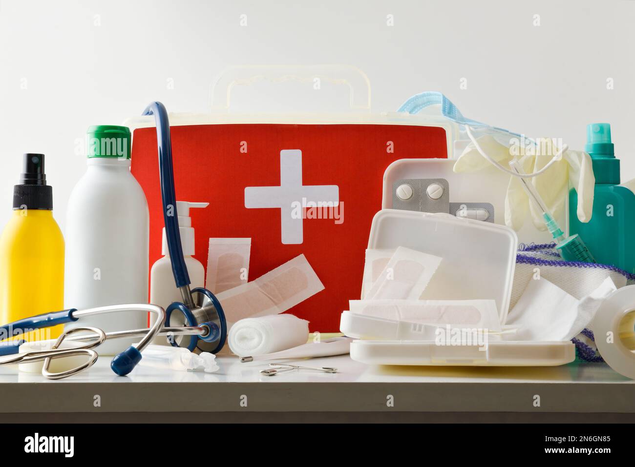 Assortment of basic first aid portable medical assistance equipment on ...