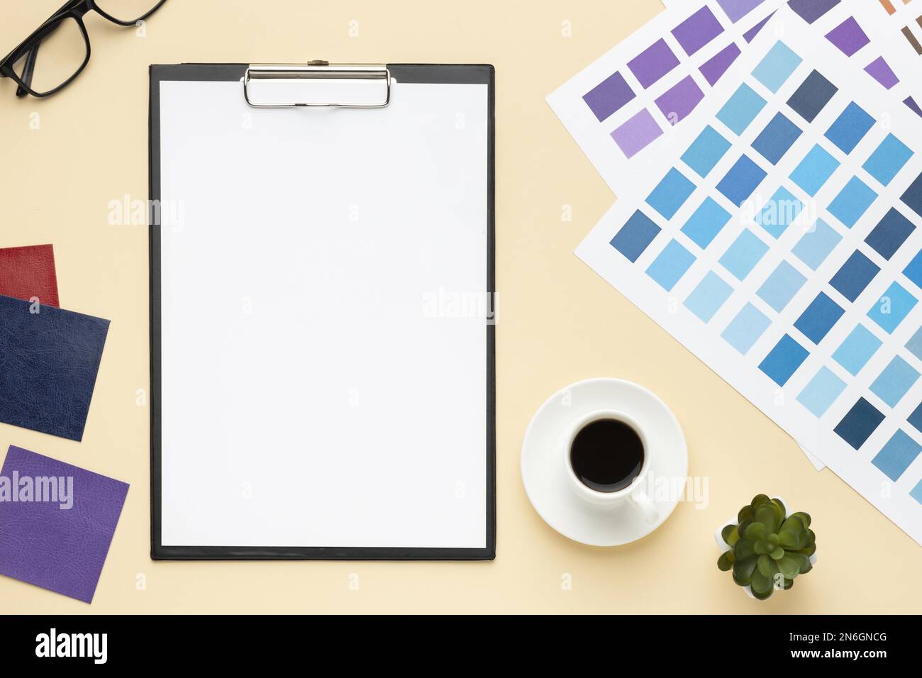top view office desk composition graphic designer with clipboard ...