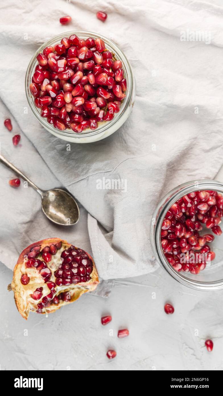 top view healthy breakfast with pomegranate seeds. Resolution and high ...